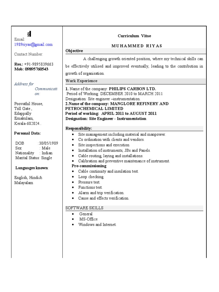 Riyas CV | PDF | Instrumentation | Engineering