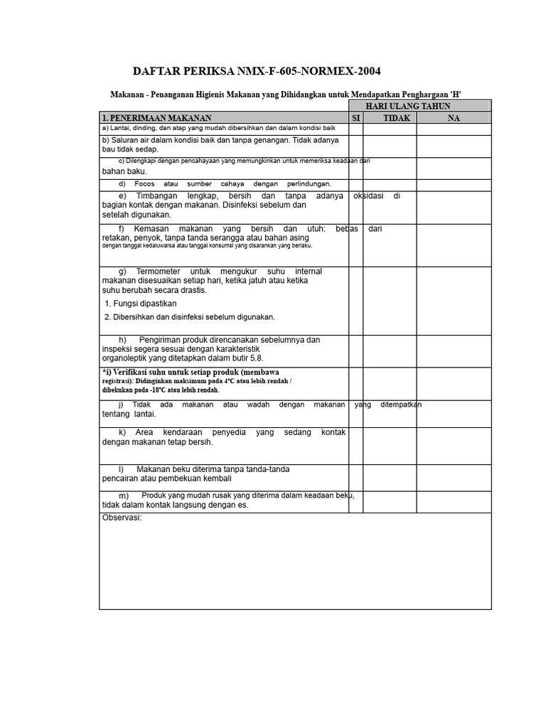 Daftar Periksa Higienis Makanan NMX-F-605 | PDF