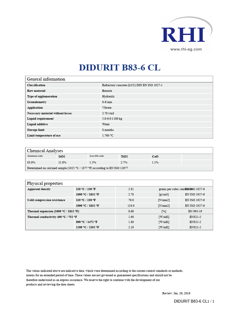 DIDURIT B83-6 CL Refractory Concrete Specs | PDF | Density | Concrete