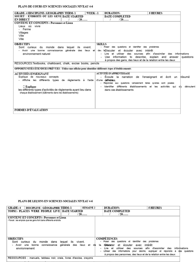 PLAN DE COURS EN SCIENCES SOCIALES POUR LA CLASSE DE 4e | PDF ...