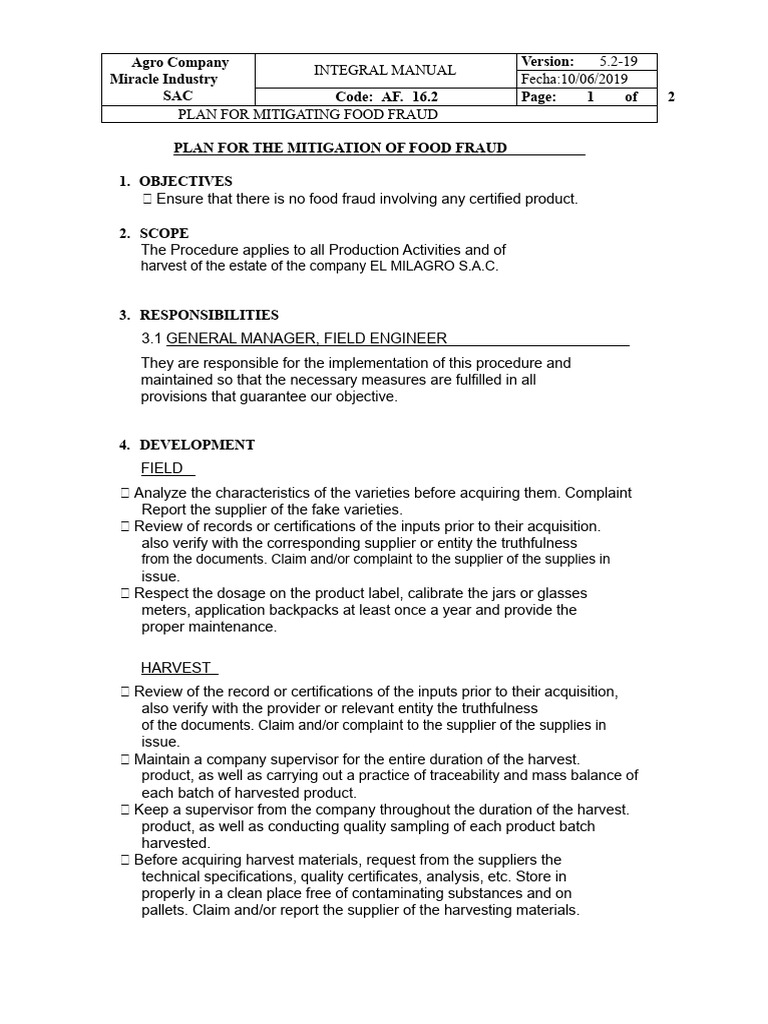 Af. 16.2 Plan For Food Fraud Mitigation | PDF