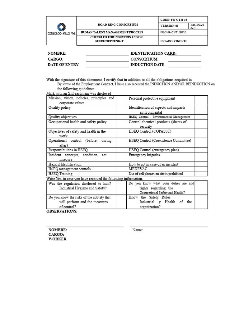 Fo-Gth-46 Induction and Re-Induction Checklist For Personnel | PDF ...