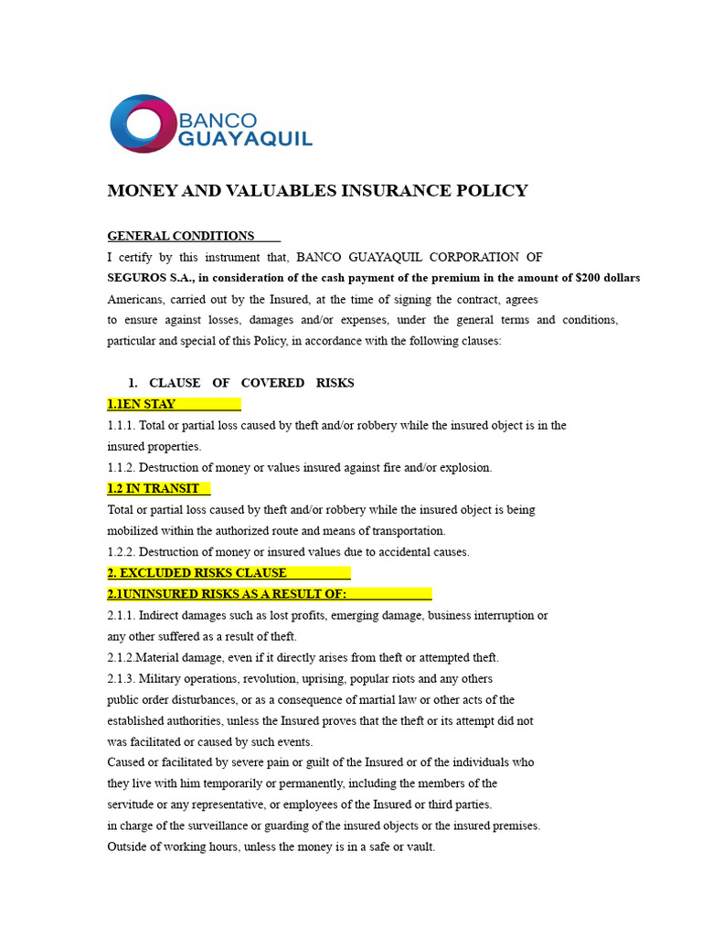 Money and Valuables Insurance Policy | PDF | Insurance | Liability ...