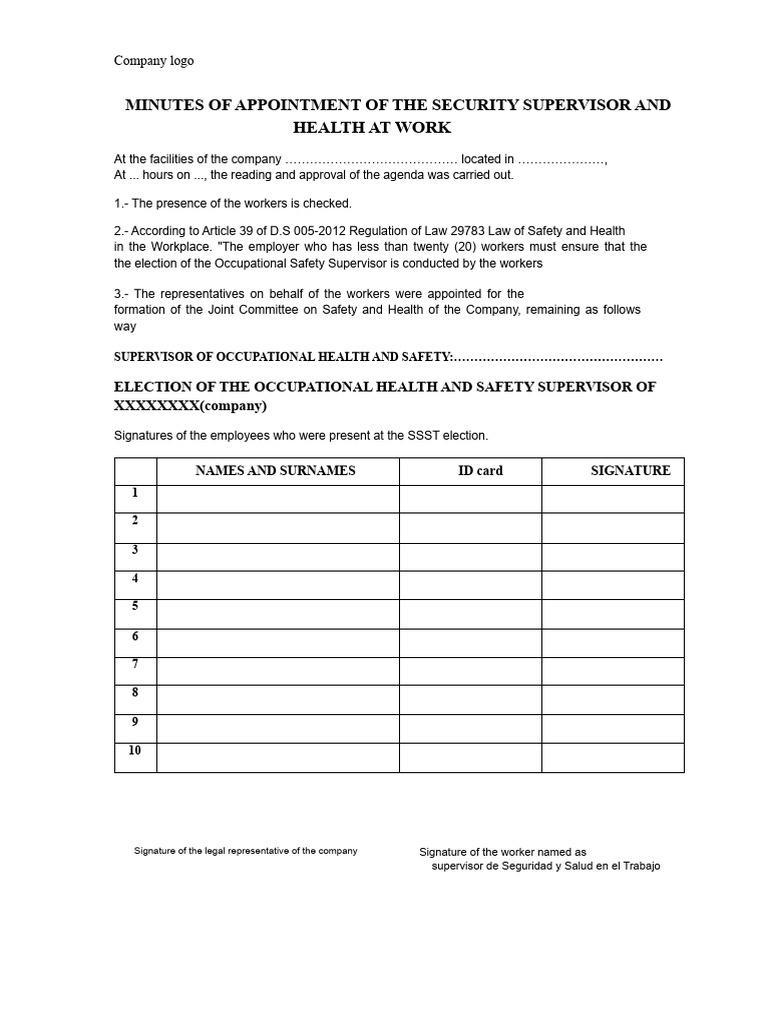 Minutes of Appointment of The Workers of The Supervisor of Occupational ...