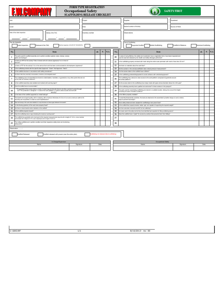 Scaffolding Release Checklist | PDF | Scaffolding | Stairs
