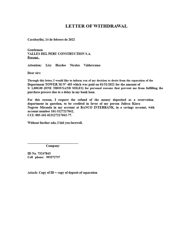 Model Letter of Withdrawal | PDF