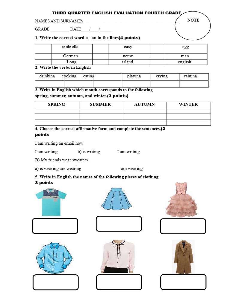 Quarterly English Assessment Fourth Grade | PDF