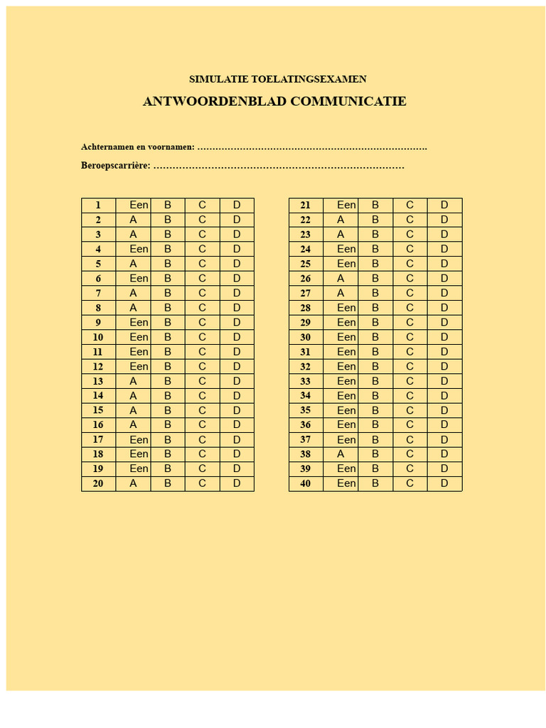 Antwoordenblad Simulatie Communicatie | PDF