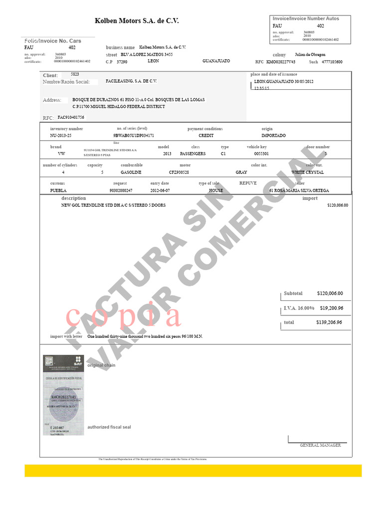 Invoice for Vehicle Purchase at Kolben Motors | PDF | Invoice | Motor ...