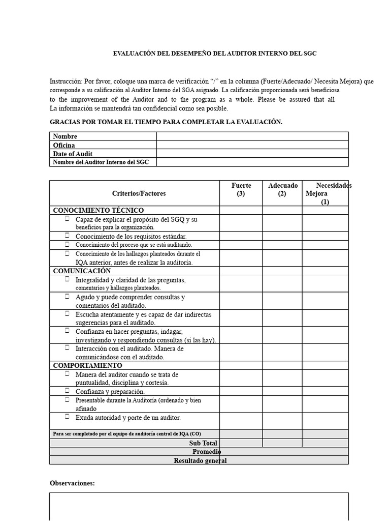 EVALUACIÓN DEL RENDIMIENTO DEL AUDITOR INTERNO DEL SGC - Plantilla ...