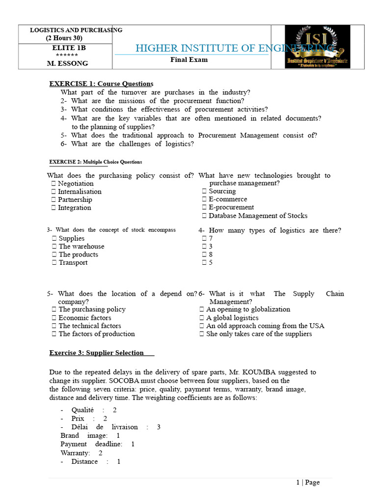 Logistics and Purchasing Exam Guide | PDF | Logistics | Supply Chain