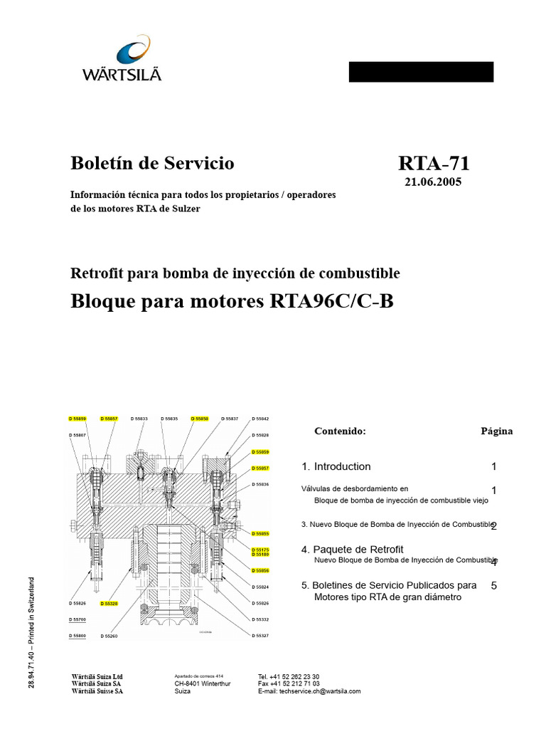 RTA-71 Modernización para el Bloque de Bomba de Inyección de Combustible para Motores RTA96C y C ...