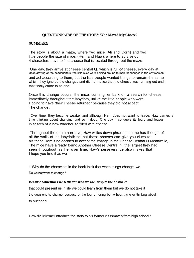 Questionnaire of The Story - Who Moved My Cheese | PDF | Psychological ...