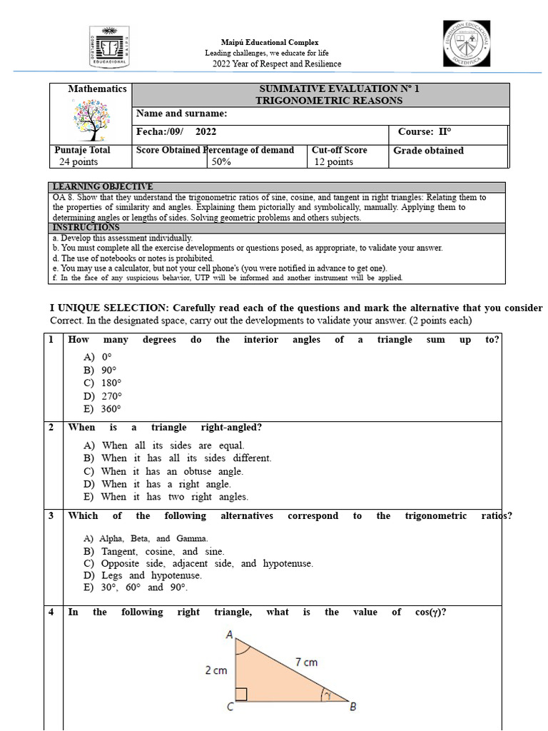 Summative Assessment II Year 10 | PDF | Trigonometric Functions ...