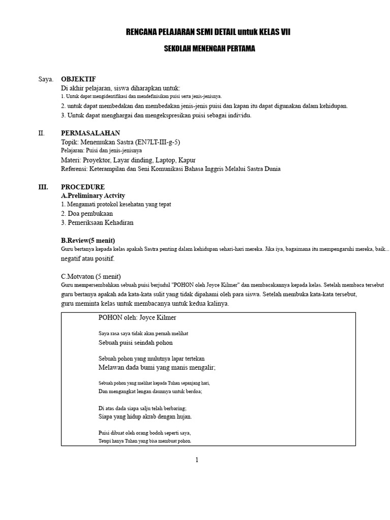 RPP 4A untuk Kelas 7 - JHS (Puisi) | PDF
