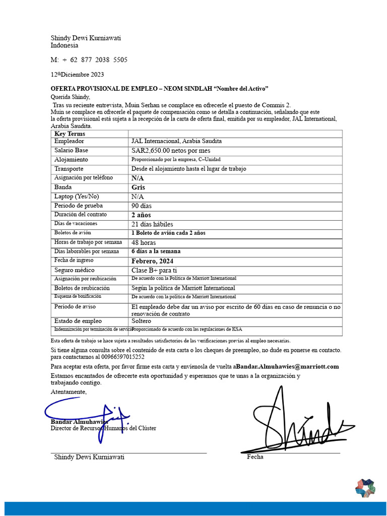 Carta de Oferta - Shindy Dewi Kurniawati - Commis 2 | PDF