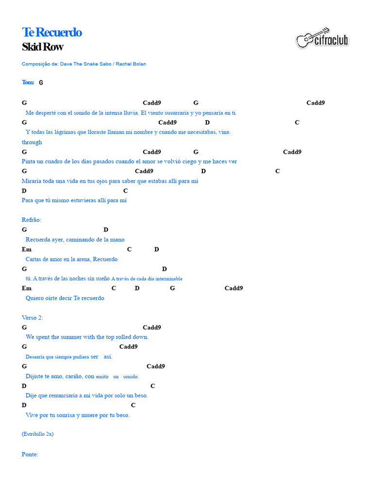 6 Skid Row - Te Recuerdo | PDF