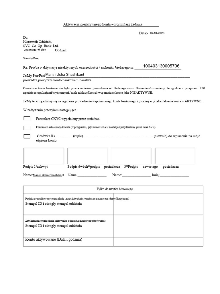 Formularz Aktywacji Nieaktywnego Konta | PDF