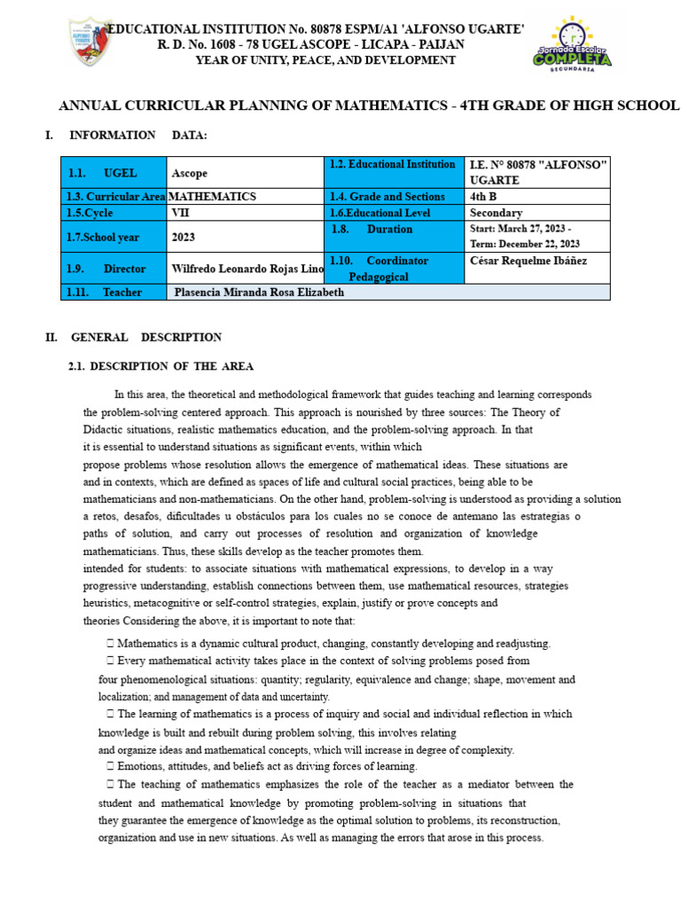 Annual Curricular Planning of Mathematics - 4Th Grade of High School ...