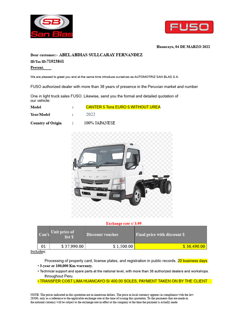 FUSO Canter 5 Tons Quotation 2022 | PDF | Brake | Manual Transmission
