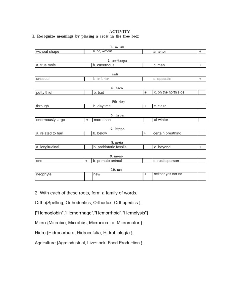 EXERCISES ROOTS, GREEK and LATIN PREFIXES | PDF