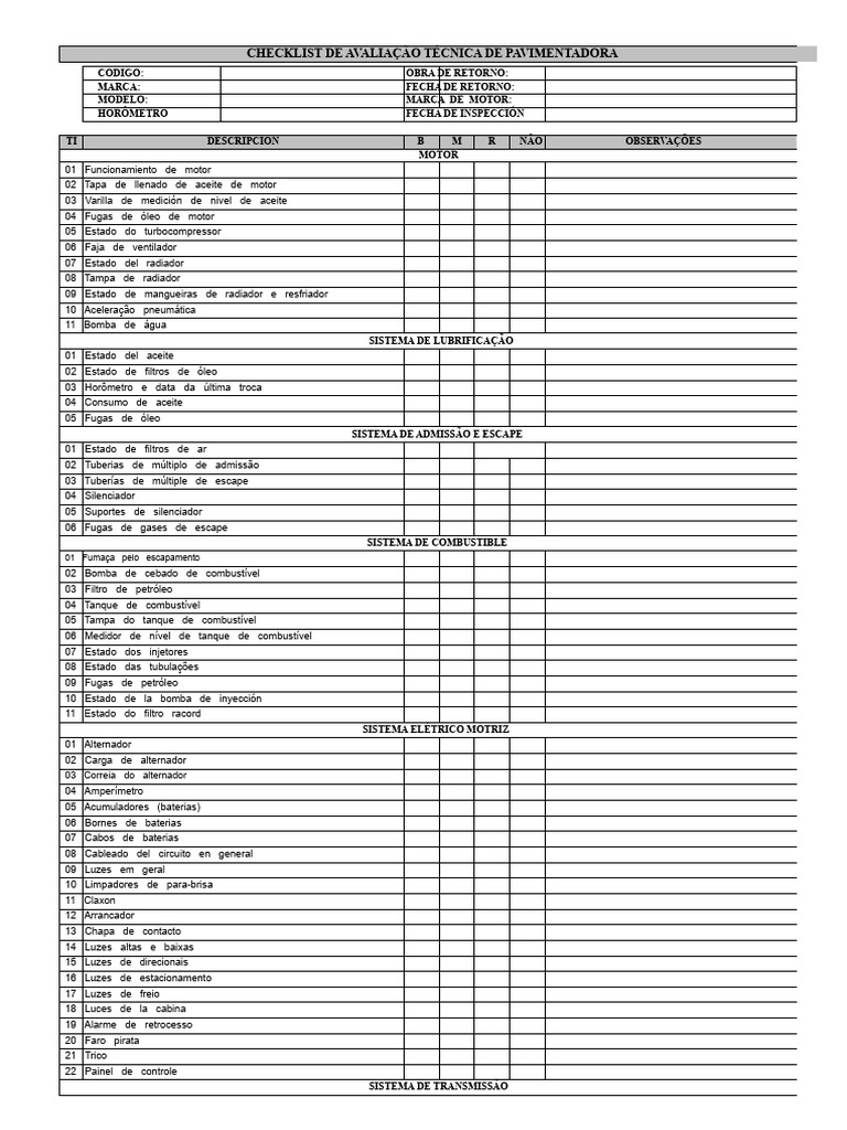 FG-TMP-01-D Checklist-Asfaltadora ou pavimentadora | PDF | Motores | Bomba