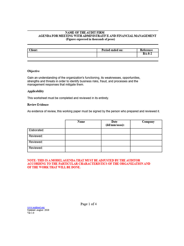 Administrative and Financial Management Meeting Agenda | PDF | Audit | Risk