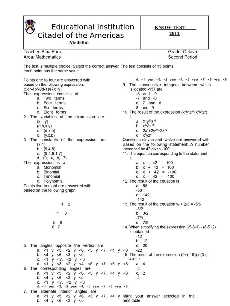 Test Know Mathematics Eighth Grade Second Period 2012 | PDF | Multiple ...