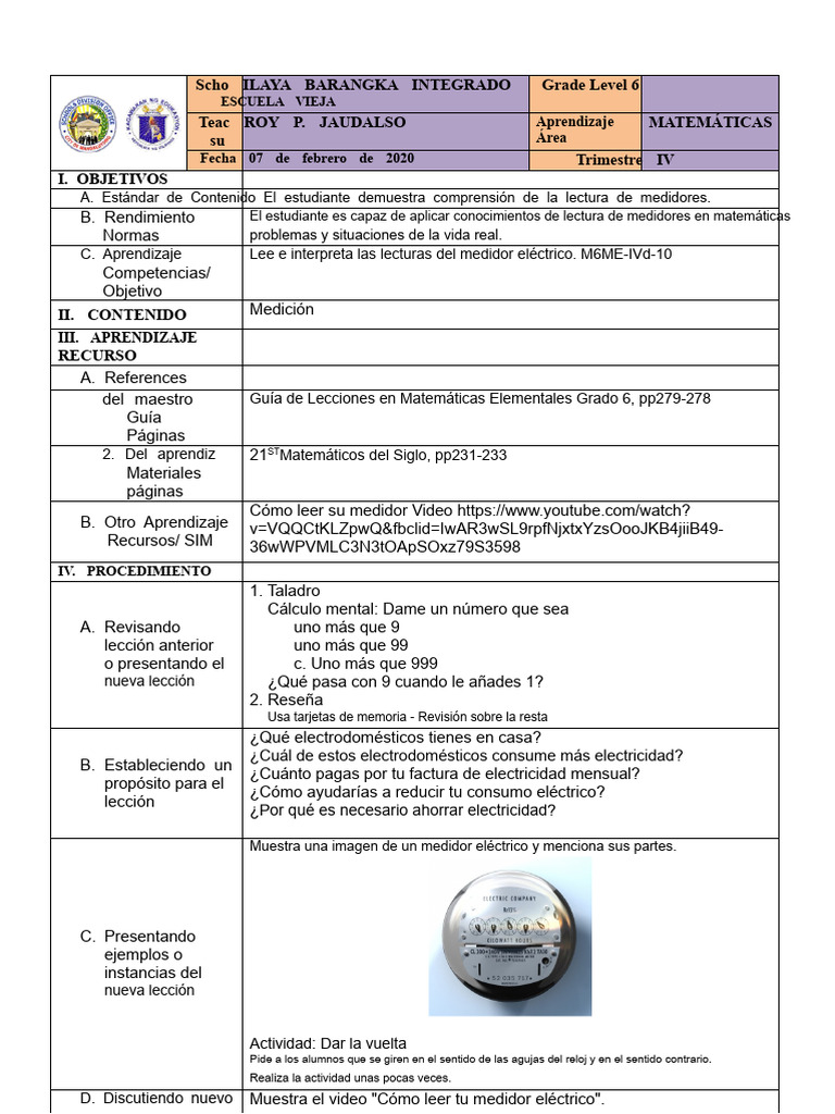 PLAN DE LECCIÓN COT 4 - Lectura de Medidores | PDF | Aprendizaje