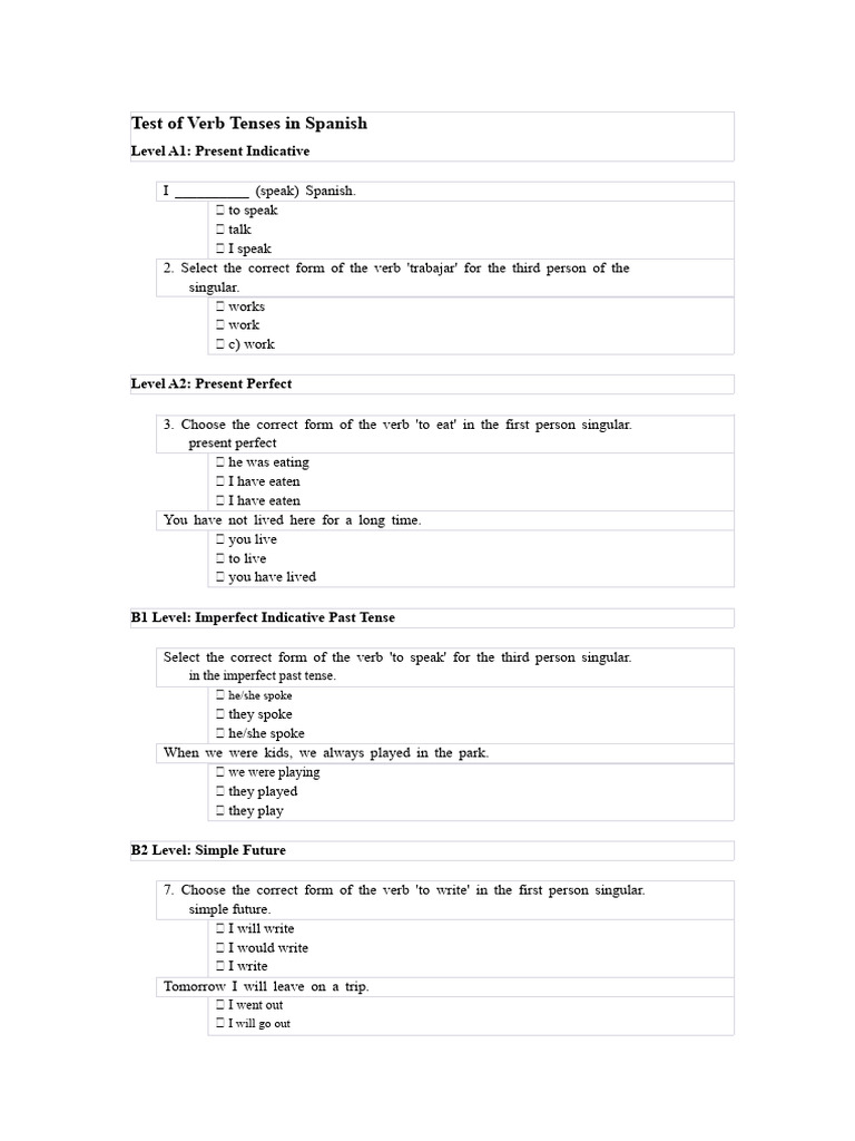 Verb Tense Test in Spanish | PDF | Grammatical Tense | Linguistic ...