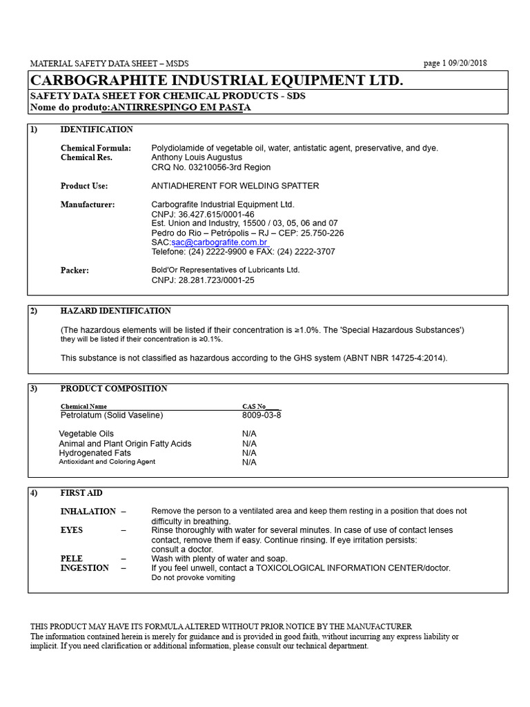 Antispatter Paste Safety Data Sheet | PDF | Materials | Chemistry