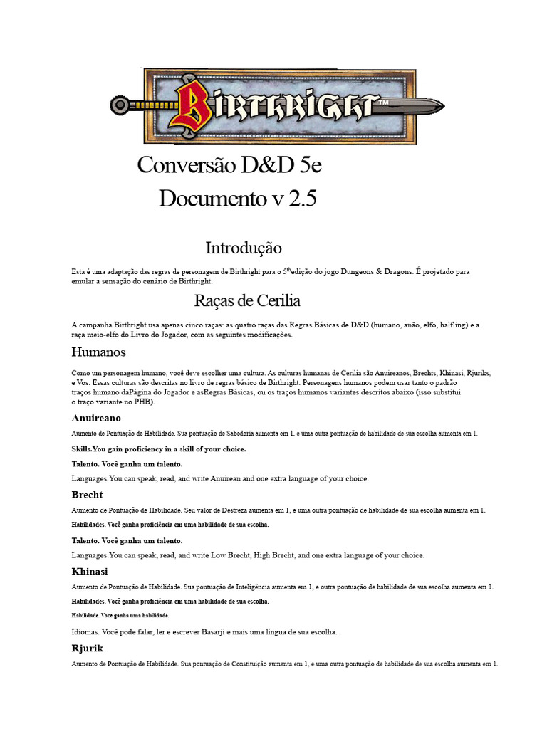 Regras de Personagens para Birthright D&D 5e | PDF | Dungeons & Dragons ...