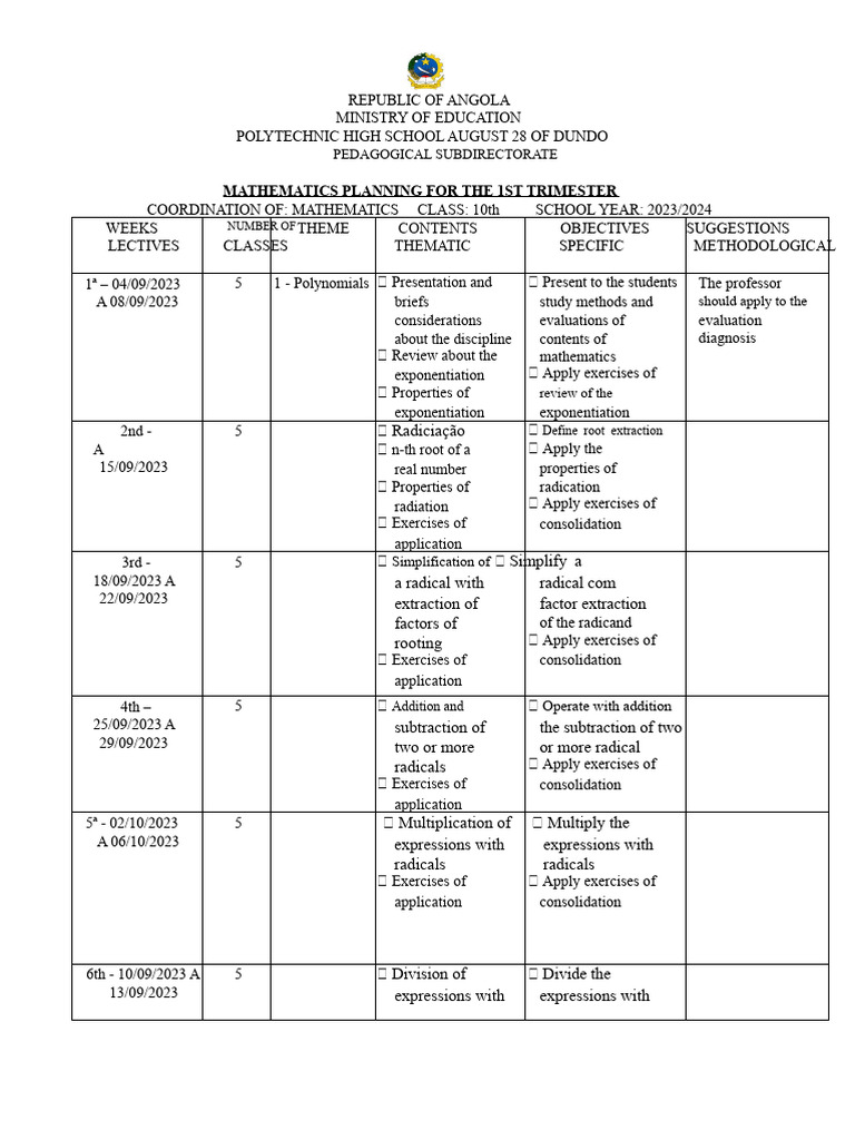 Planning of Mathematics - I Trimester - 2023-2024 - II Cycle | PDF ...