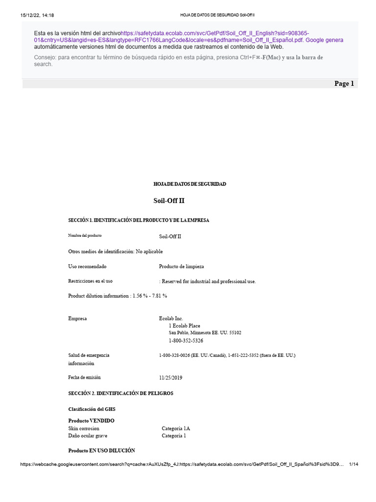 Hoja de Seguridad Soil-Off II Ecolab | PDF | Reciclaje | Residuos