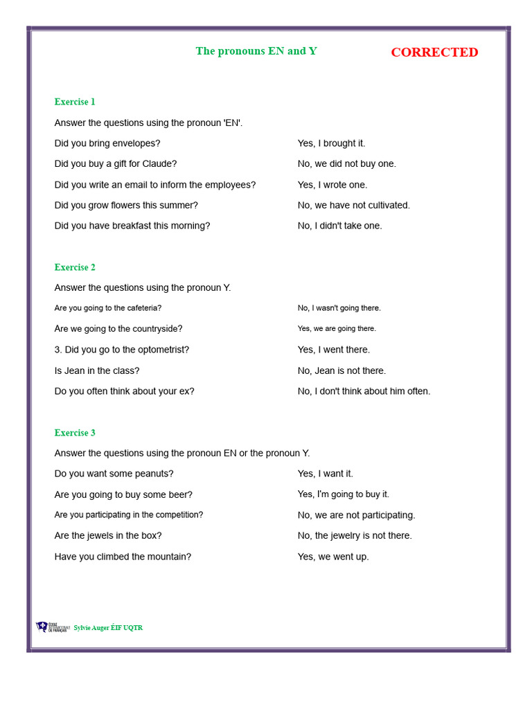 F1553321253_the_pronouns_en_and_y_exercises_and_answers | PDF | Foods ...