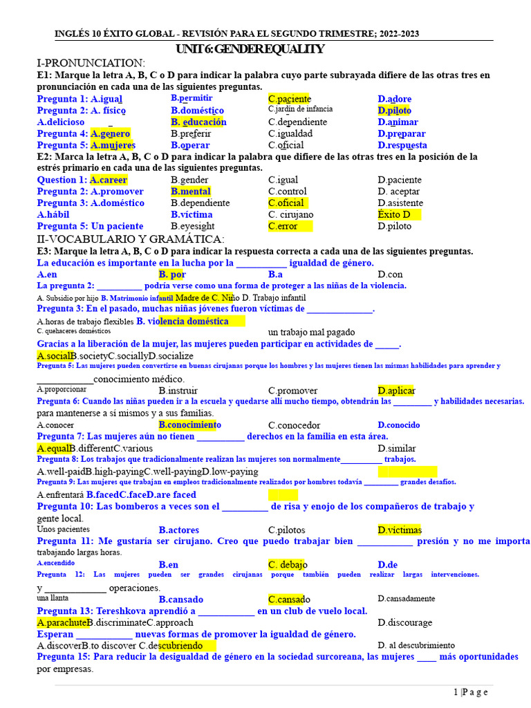 Revisión de Igualdad de Género en Inglés 10 | PDF | Vietnam | Aprendizaje