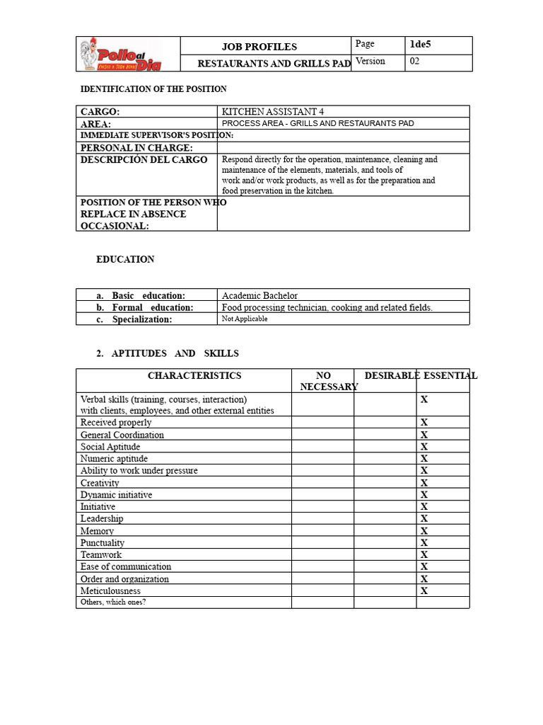 Kitchen Assistant Job Profile | PDF | Kitchen
