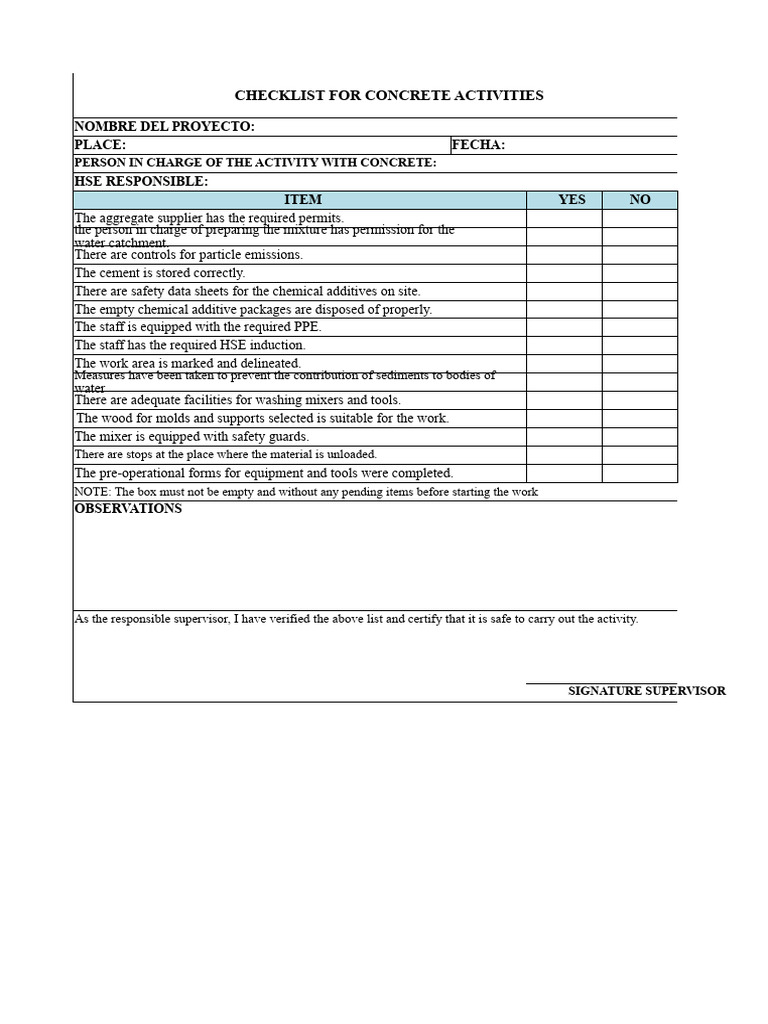 Checklist of Activities With Concrete | PDF