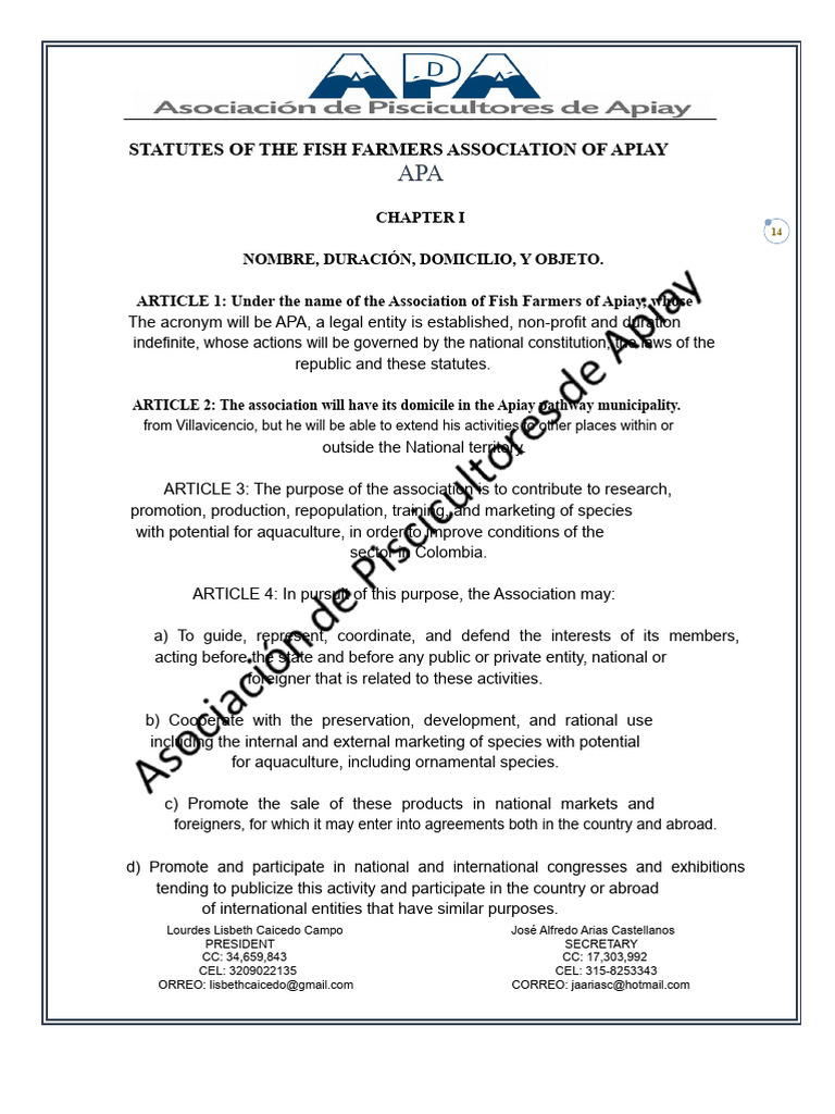 Statutes of The Aquaculture Association of Apiay Apa | PDF | Board Of ...