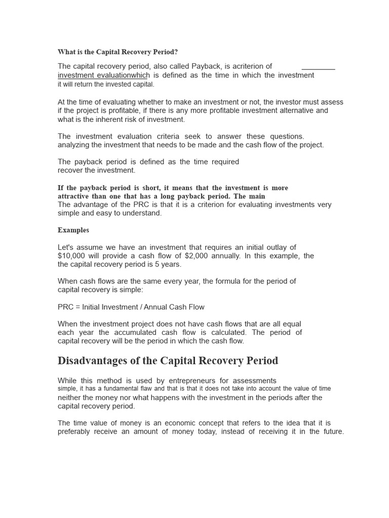 The Capital Recovery Period | PDF | Investing | Working Capital