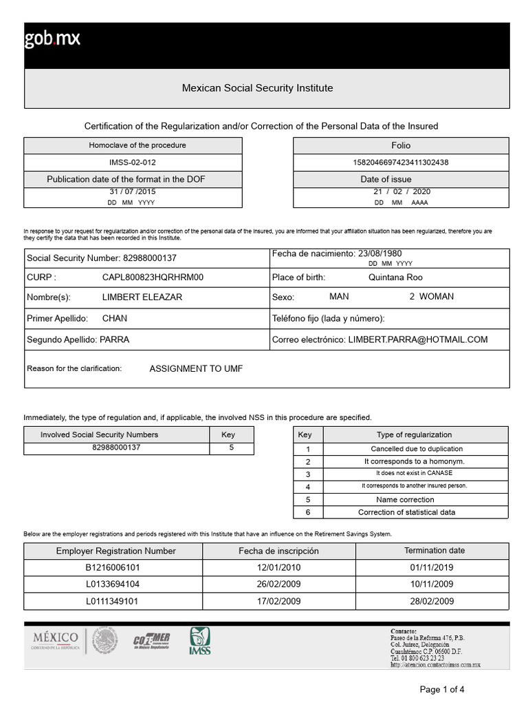 IMSS Personal Data Correction Certificate | PDF