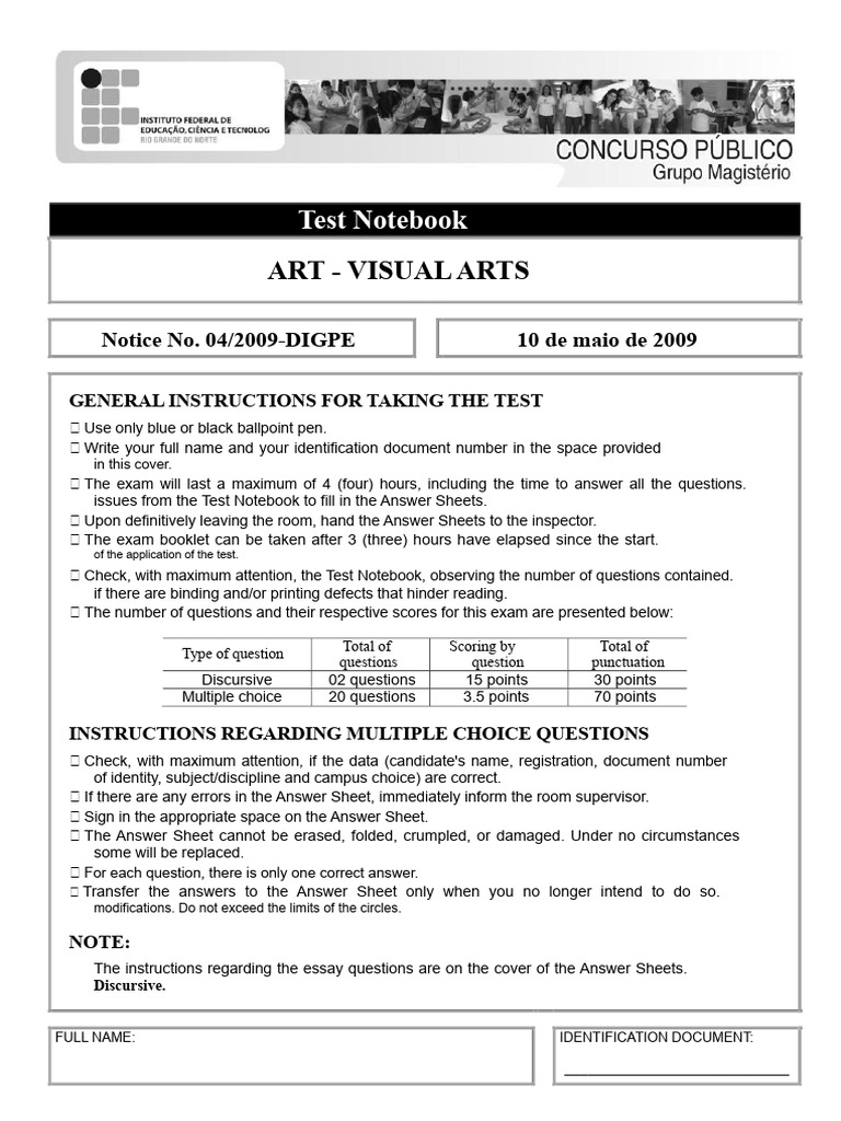 Visual Arts Test Instructions and Questions | PDF | Multiple Choice ...