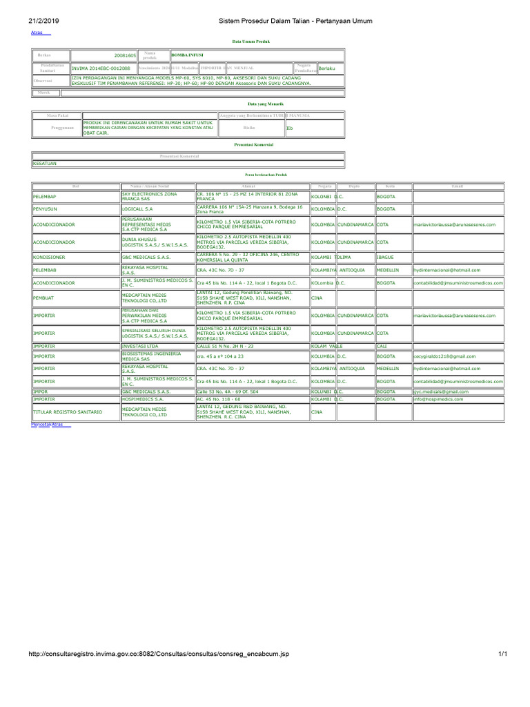 Bomba Infusi Medcaptain Sys6010 Invima | PDF