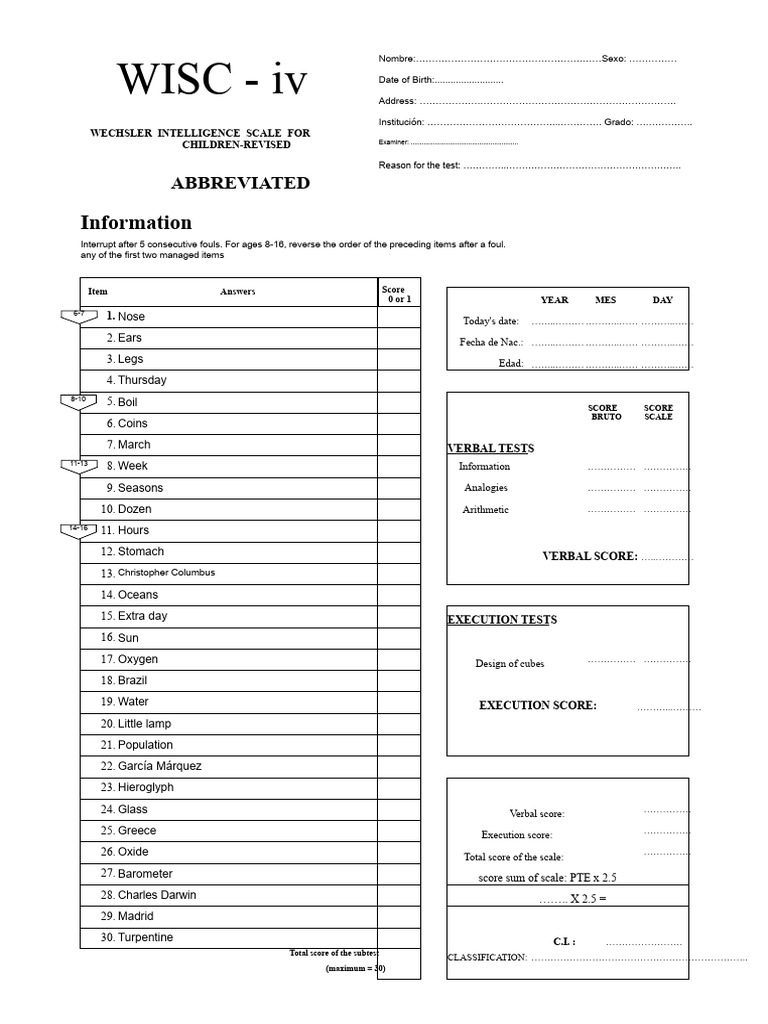 Wisc - Iii (Abbreviated) | PDF | Tests | Psychological Testing