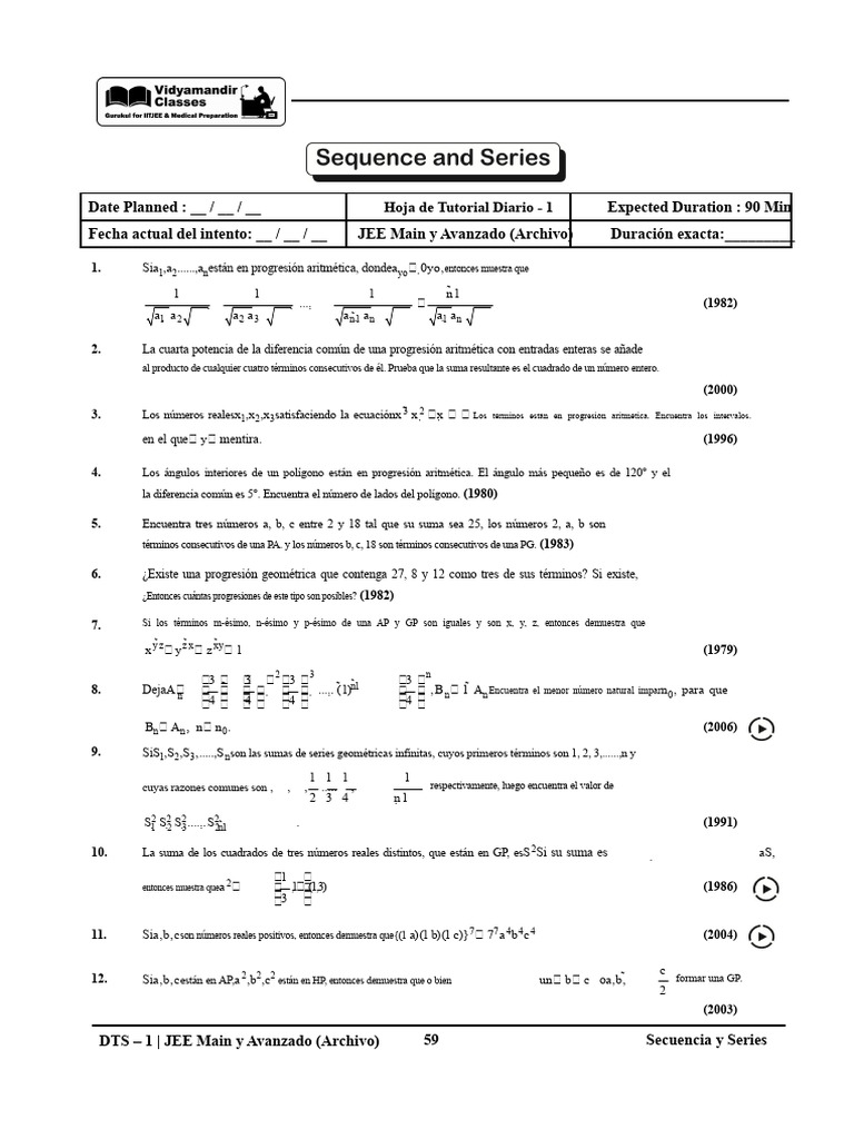 Secuencia y Series - Archivo JEE Main y Adv. - DTS - 1 | PDF | Aritmética | Matemática Elemental