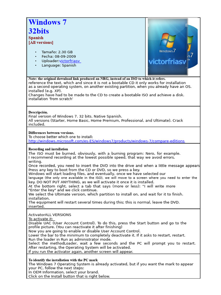 Windows 7 32-bit Spanish ISO Guide | PDF | Windows 7 | Booting