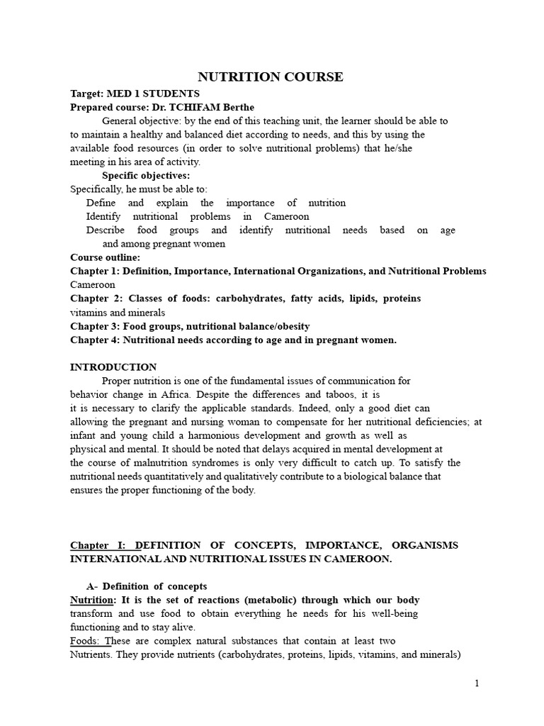NUTRITION COURSE Chapter 1 Definition of Concepts, Importance and ...