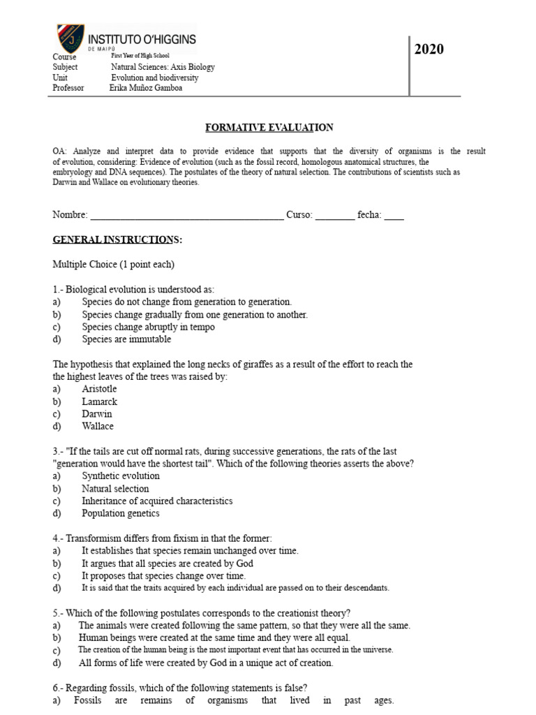 High School Evolution Assessment Guide | PDF | Evolution | Species