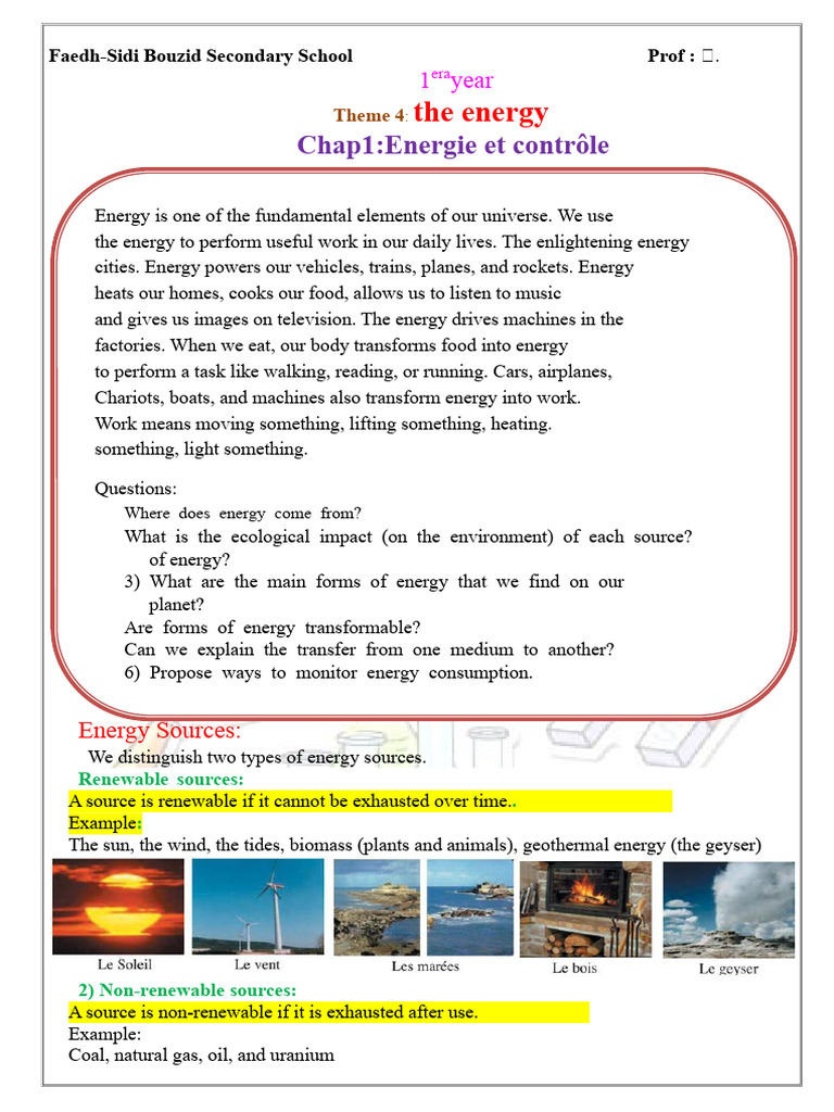 The Energy: Chap1:Energie Et Contrôle | PDF | Energy Development ...