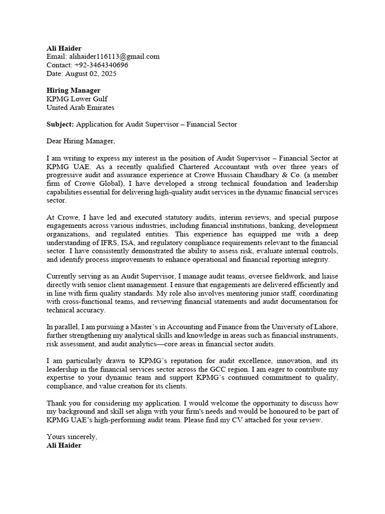 Cover Letter - Ali Haider | PDF | Audit | Regulatory Compliance